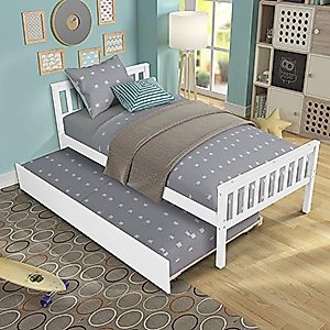 Twin Platform Bed with Trundle, Solid Wood Bed Frame with Headboard, Footboard for Teens Boys Girls,No Box Spring Needed (White)