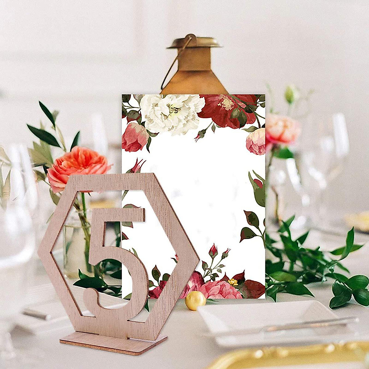 SUNFECILI 10 Pcs Wooden Table Numbers, Hexagon Hollow Out Table Number,Wedding Place Cards, Wood Numbers Place Cards with Holder Base Standing Wood Wedding Decorations, Gold(1-10)