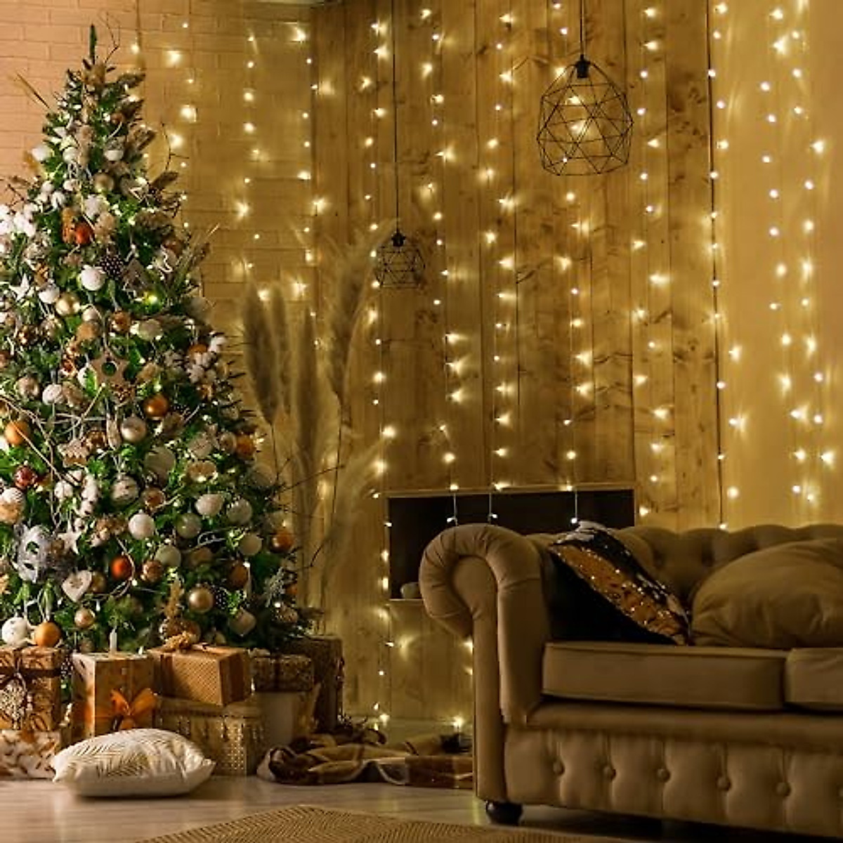 Lighting EVER Christmas Curtain Lights Battery Operated & USB Plug in, Remote, 10 x 10 ft Hanging Fairy Lights for Bedroom Wall, 300 LED Indoor Outdoor Backdrop Lights for Wedding Party, Patio Gazebo