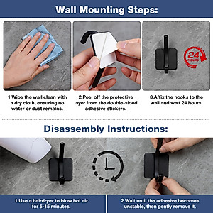 Matte Black Towel Hooks - Strong Self Adhesive Coat/Clothes Hooks,No Drilling Sticky Hooks,Heavy Duty Shower Wall Hooks for Bathroom Kitchen Bedroom,Easy Installation Hanger Hooks For Rube(4 Pack)