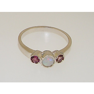 LetsBuyGold 925 Sterling Silver Natural Opal & Pink Tourmaline Womens Trilogy Ring - Size 9.5
