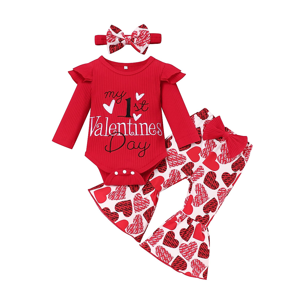 My First Valentines Day Baby Girl Outfit Newborn Baby Bodysuit + Ruffle Bell Bottom Pants + Headband Valentines Clothes Set