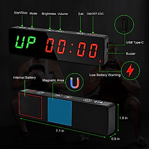 Jhering Portable Gym Timer, Workout Clock with Rechargeable Battery and Built-in Magnet, Stopwatch Countdown/Up for Home Gym Garage Fitness, Interval Training, EMOM, Tabata, Boxing (Black)