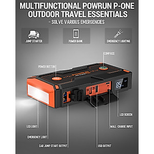 Powrun P-ONE Jump Starter, 2000A Portable Jump Box - Car Jump Starter Battery Pack for up to 8.0L Gas and 6.5L Diesel Engines, 12V Battery Jump Starter with Carry Case (Orange)