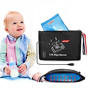Baby Wipe Warmer, Wipes Dispenser Sunsbell Portable Car Wipes Heater Warmer Baby Wipes Thermostat Heating Bag 9.4 * 6.3Inch DC 12V+USB Home Car Dual-use Baby Wet Wipes Warmer