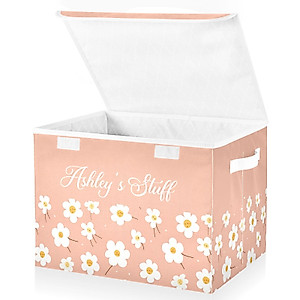Sinestour Pink Flowers Custom Storage Bins with Lid Foldable Personalized Name Storage Basket Box with Handle Shelf Basket Closet Organizer for Clothes Office