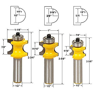 Yakamoz 5Pcs 1/2 Inch Shank Half Round Bearing Bullnose Router Bit Set Carbide Tipped Round Edge Cutting Bits | Radius 1/8" 3/16" 1/4" 5/16" 3/8"
