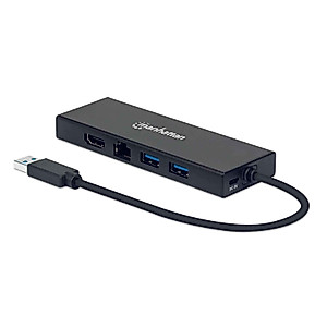 Manhattan USB-A Dock/Hub, Ports (x5): Ethernet, HDMI, USB-A (x2) and VGA, Micro-USB Power Input Port (Optional, only When add Power Needed. Not Required for Dual Monitor use. Cable not Included)