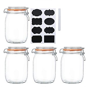 Encheng 32 oz Glass Jars With Airtight Lids And Leak Proof Rubber Gasket,Wide Mouth Mason Jars With Hinged Lids For Kitchen Canisters 1000ml, Glass Storage Containers 4 Pack