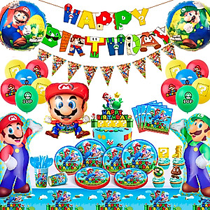 Mario Birthday Party Supplies,123pcs Mario Birthday Party Decorations&Tableware, Super Mario Balloons Banner&Mario Party Plates and Napkins Tablecloth etc Super Mario Party Supplies for Boys