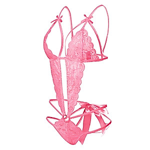 Donnalla Lingerie for Women Deep V Lace Teddy One Piece Lingerie Bodysuit Babydoll Teddy Underwear Pink S