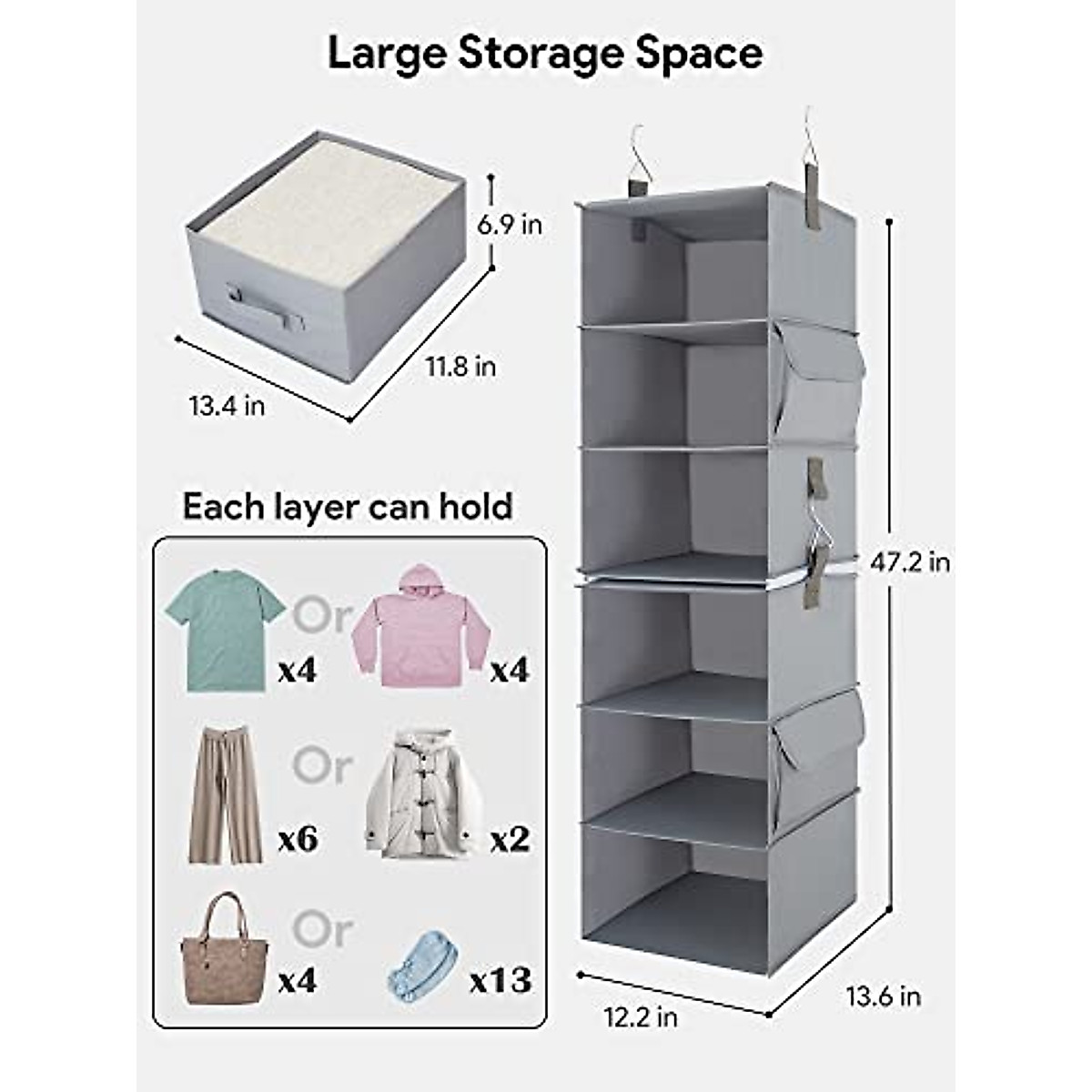 JARLINK 6-Shelf Hanging Closet Organizer, 2 Separable 3-Shelf Hanging Shelves with 3 Drawers, Clothes Organizer and Storage for Bedroom, Wardrobe, Nursery, RV, College Dorm, 12.2'' x 13.6'' x 47.2''