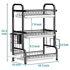 GSlife Dish Drying Rack, Stainless Steel 3 Tier Dish Rack with Tray Utensil Holder, Large Capacity & Rust-Resistant Dish Drainer for Kitchen Counter, Black