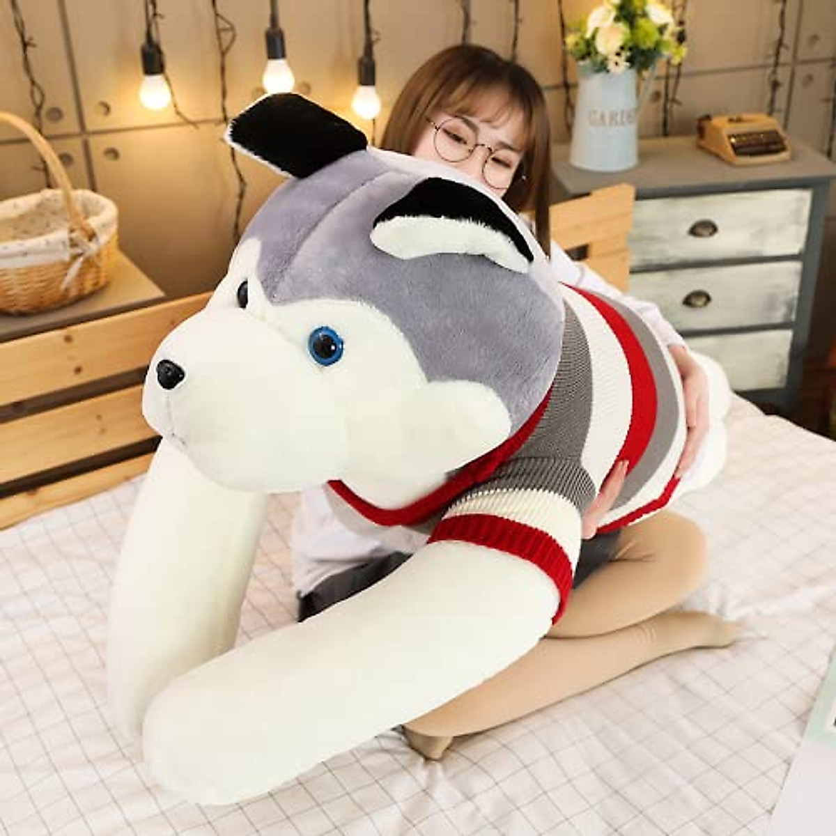 pangcangshu Giant Dog Plush Toy Soft Stuffed Husky Long Pillow Cartoon Animal Doll Sleeping Pillow Cushion Home Decor Kids Easter, Thanksgiving, Christmas, New Year's Gifts (Husky,60cm/23.6 inch)