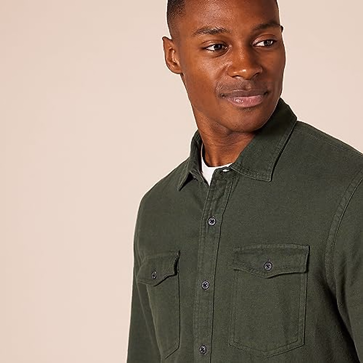 Amazon Essentials Men's Slim-Fit Long-Sleeve Two-Pocket Flannel Shirt, Olive Heather, Large