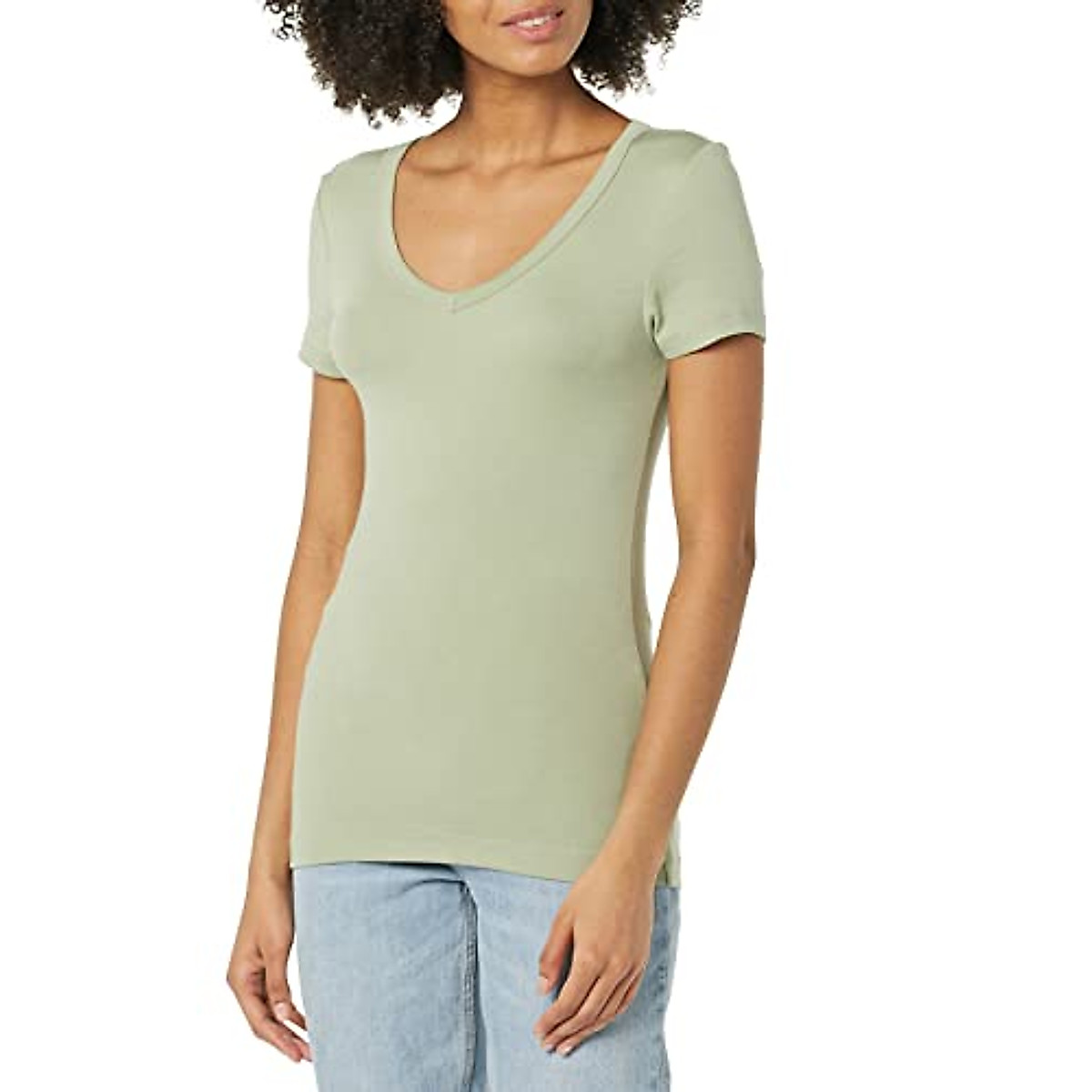 Amazon Essentials Women's Slim-Fit Short-Sleeve V-Neck T-Shirt, Pack of 2, Black/Sage Green, Medium