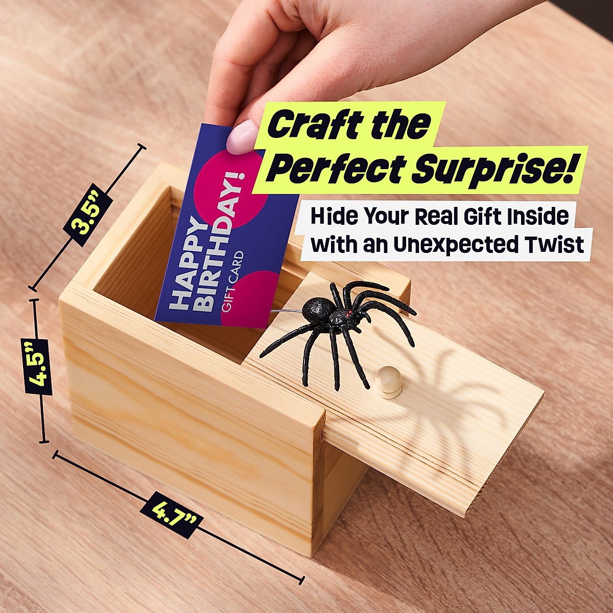 FunFamz The Original Spider Prank Box- Funny Wooden Box Toy Spider Prank, Hilarious Christmas, April Fool, or Birthday Surprise Toy and Gag Gift Practical Joke Bromas Kit