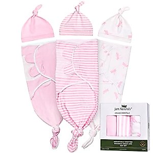Jam Naturals- Organic Knotted Tie Bottom Adjustable Velcro Swaddle and Hat Set of 3, Newborn Sleep Sack (0-3m, 7-14lbs Pink)