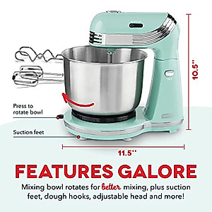 Dash Stand Mixer (Electric Mixer for Everyday Use): 6 Speed Stand Mixer with 3 Quart Stainless Steel Mixing Bowl, Dough Hooks & Mixer Beaters for Dressings, Frosting, Meringues & More - Aqua