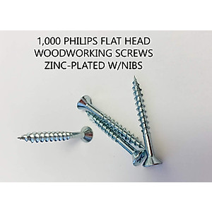(1,000 Screws) #8 1-1/2" Screws 8x1-1/2 inch 38mm Woodworking Screws #2 Philips Phillips Flat Head Wood Screws Auger Point Deep Thread Countersinking Nibs Zinc Plated PBS T17 Cabinets + Interior