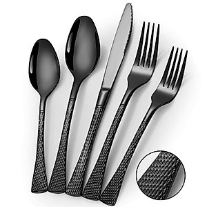 Lemeya Hammered Black Silverware Set,20 Piece Modern Flatware Set Service for 4,Mirror Polished Stainless Steel Cutlery Set Tableware Set,Kitchen Knives Forks Spoons Set,Dishwasher Safe