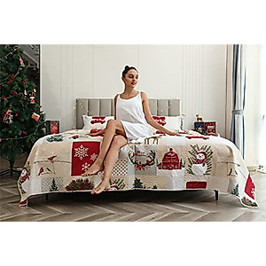 Christmas Plaid Snowman Quilt Set Queen Size (90 x 90 Inches) Reindeer Cardinal Birds Xmas Tree Snowflake Car Holiday Bedding Sets, Red Vanilla Grid Coverlet Bedspread Bed Cover Bed Set with Shams