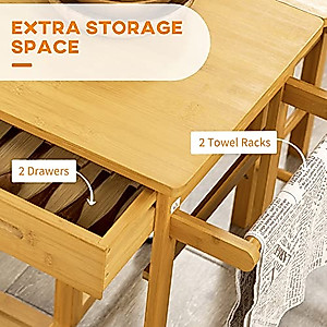 HOMCOM Foldable Dining Table Set with 2 Square Stools and 2 Drawers, Bamboo Drop Leaf Breakfast Cart, Mobile Kitchen Island Trolley Cart on Wheels, Brown