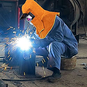 Leather Welding Helmet Mask, Welder Mask with Solar Auto Darkening Filter Lens Breathable Welding Protective Mask Golden Cowhide Split Leather Welding Hood, Work Cap (Full Head)