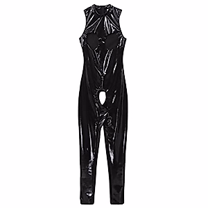 easyforever Women Sexy Hollow Out Bodysuit Lingerie Clubwear Patent Leather Invisible Zipper Latex Catsuit Black Small
