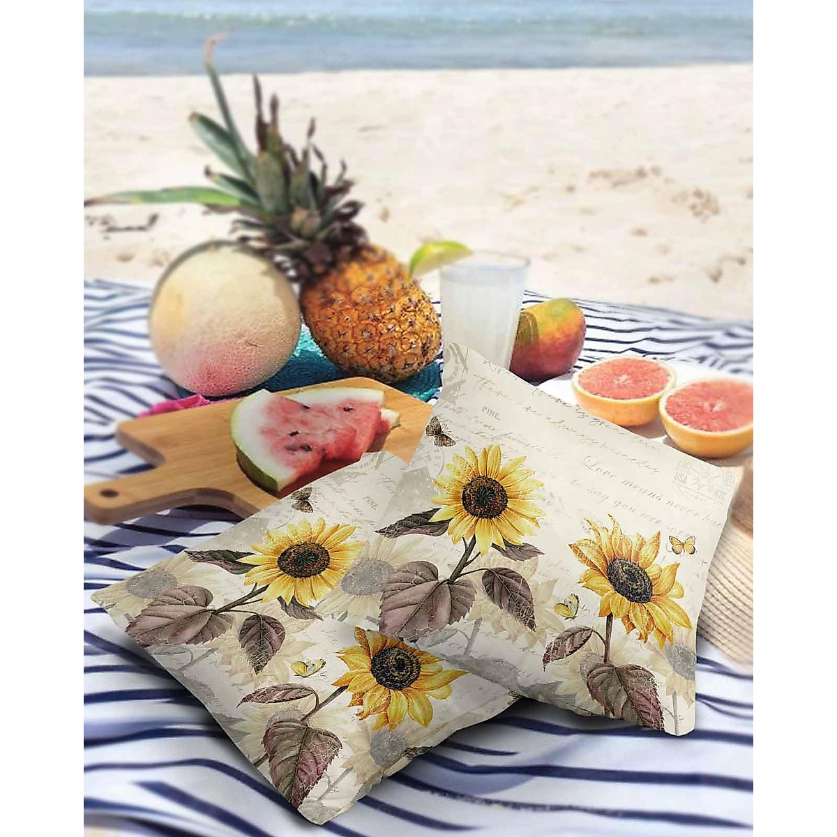 EwdeWwo Sunflower Outdoor Pillow Covers Pack of 2, Retro Sunflower Floral Butterfly Waterproof Pillow Covers Seasonal Spring Summer Throw Pillowcase for Patio Funiture Garden Tent, 16 x 16 inch