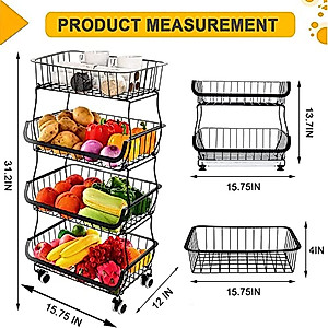 Loyaltaling Utility Cart, Kitchen Storage Cart Fruit Vegetable Storage Basket for Kitchen 4 Tier Stackable Metal Wire Baskets Cart with Rolling Wheels Utility Fruits Rack Produce Snack Organizer Bins