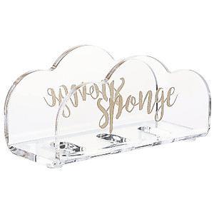 MyGift Decorative Clear Acrylic Kitchen Sink Sponge Holder with Draining Holes and Gold Curvie SPONGE Wording Design