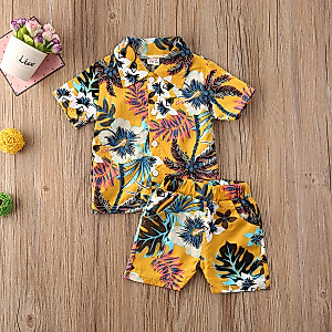 QWEP Toddler Baby Boys Summer Shorts Set Floral Outfits Button Down Shirt Top Bermuda Shorts Hawaiian Clothes 2 PCS (01 Floral Boys Shorts Coconut Yellow, 2-3T)