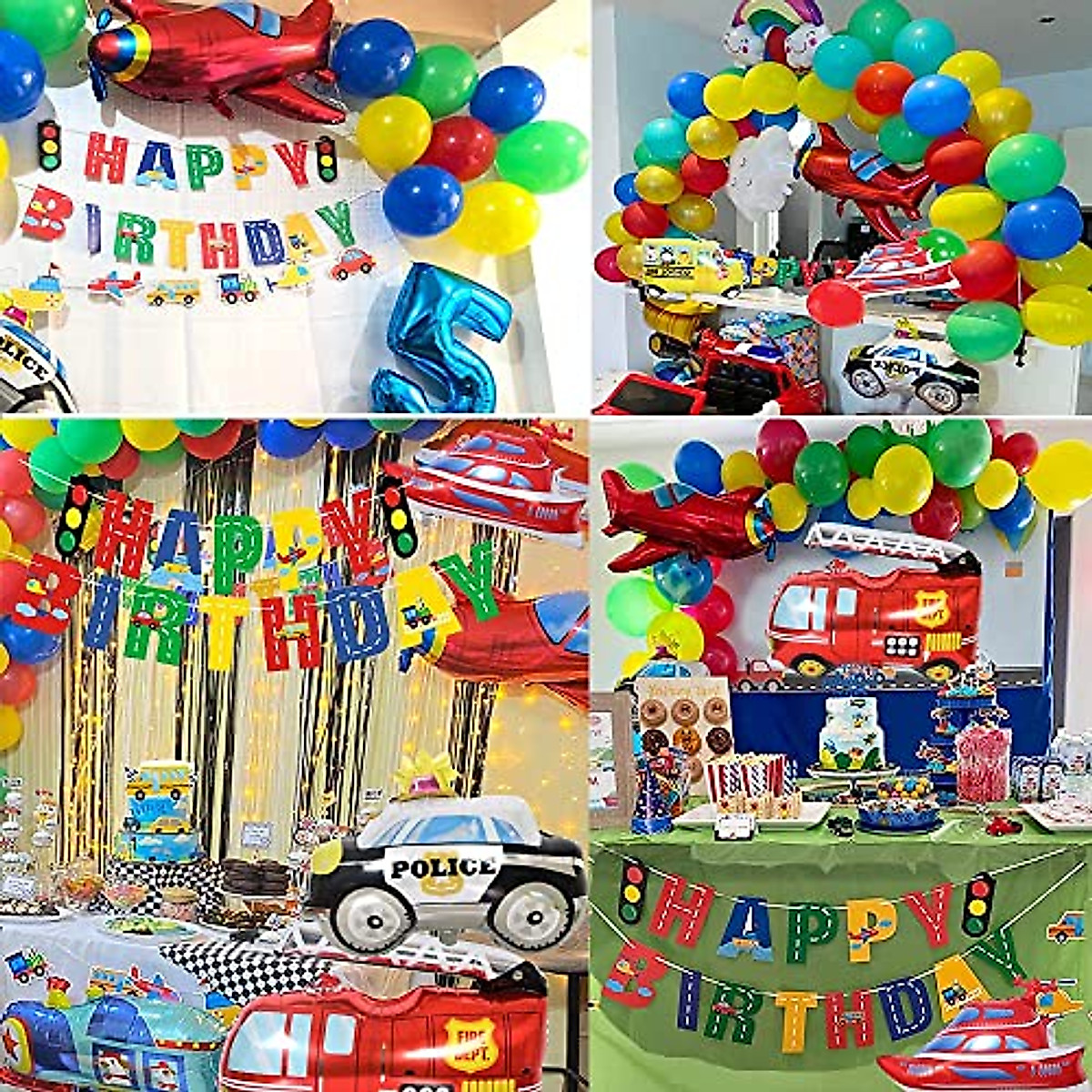 Transportation Party Decorations for Boys, 49PCS Construction Happy Birthday Supplies Vehicle Traffic Theme Baby Shower Red Green Blue Garland Kit for 2nd 1st with Car Plane Train Police Balloon Banner