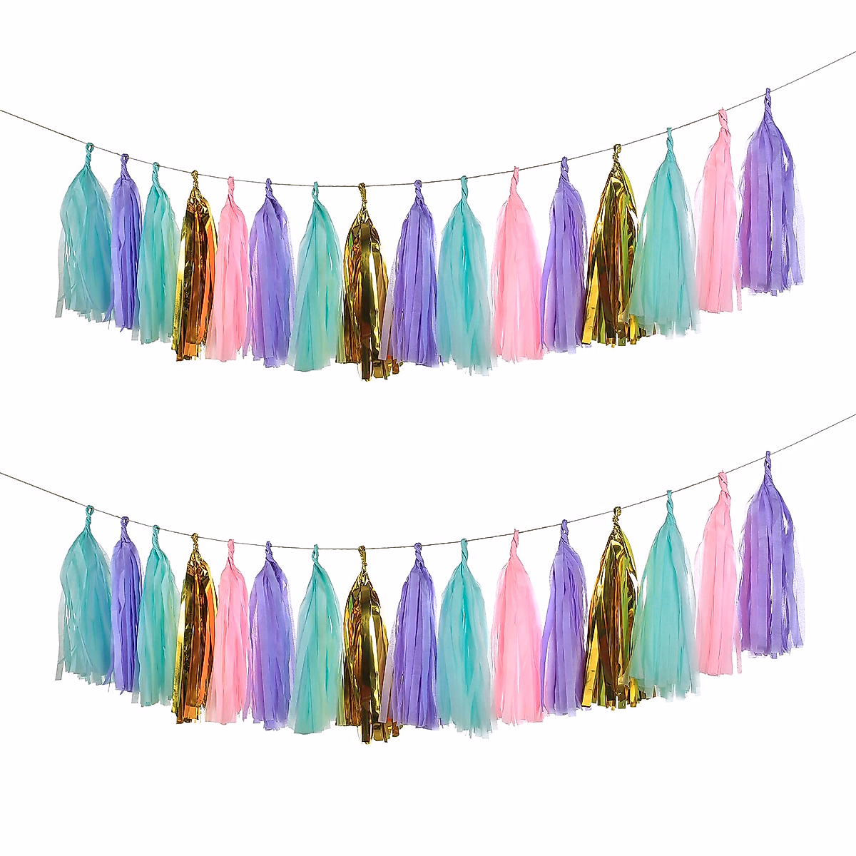 20 PCS Tissue Paper Tassels, Tassel Garland Banner for Wedding, Baby Shower and Party Decorations, DIY Kits (Metallic Gold，Light Purple，Pink，Green)