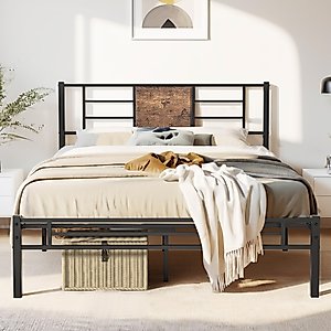 VECELO Full Size Bed Frame with Headboard, Heavy-Duty Platform with Metal Slats Support, No Box Spring Needed/Easy Assembly, Black