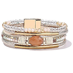 FANCY SHINY Leather Wrap Bracelets Crystal Beads Bracelet Boho Cuff Stone Charm Bracelets with Clasp Costume Jewelry for Women(Beige)