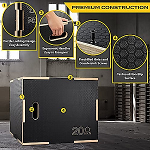 Philosophy Gym 3 in 1 Non-Slip Wood Plyo Box, 20" x 18" x 16", Black, Jump Plyometric Box for Training and Conditioning
