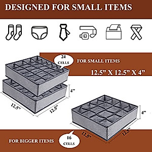 Bructhun Sock Underwear Drawer Organizers, 3 Pack Closet Organizers and Storage Boxes, 64 Cells Wardrobe Cabinet Dividers, 24+24+16 Grey