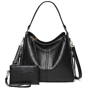Meobvg Hobo Bag Handbags and Purses for Women, PU Leather Large Tote Shoulder Crossbody Shoulder Bags Set 2pcs (Black)