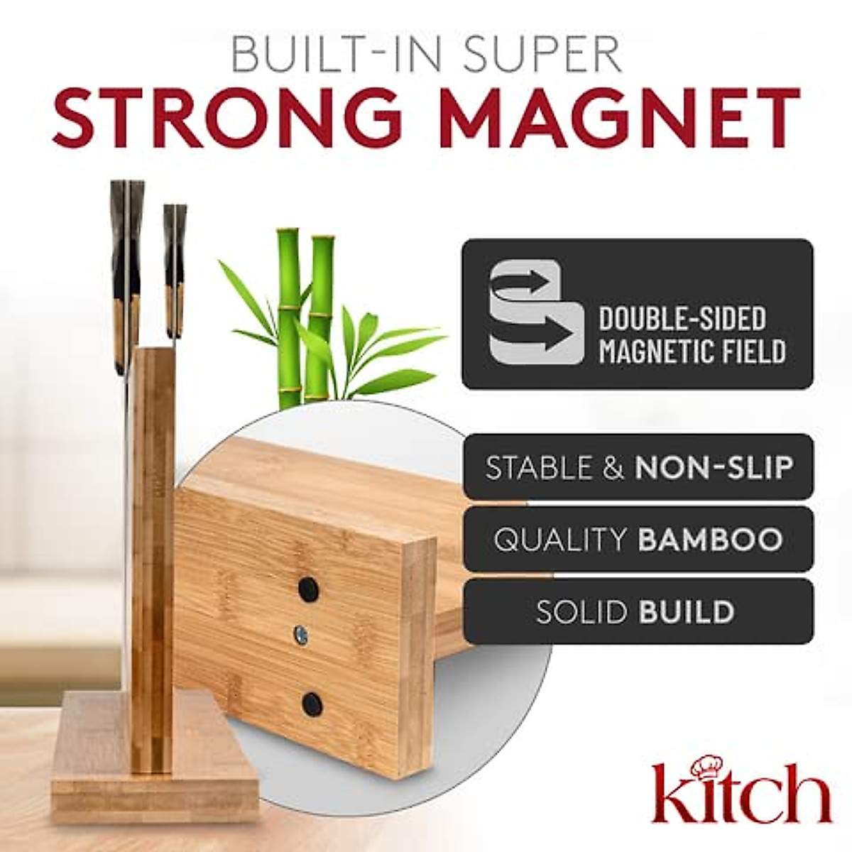 Kitch Magnetic Bamboo Knife Block 12", Double sided space saving freestanding storage holder for knives, handmade universal cutlery organizer stand with magnets
