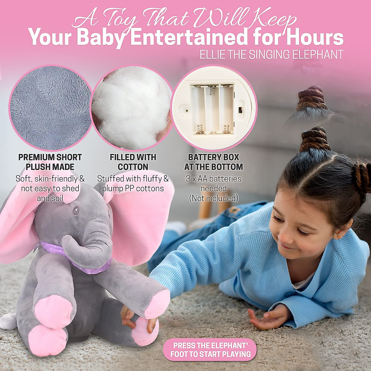 13MARCH Ellie The Elephant - Musical Peek-a-Boo Elephant Toy - Interactive Stuffed Baby Animal with Moving Ears for Baby - Hide and Seek Fun - Elephant Plush Baby Toy