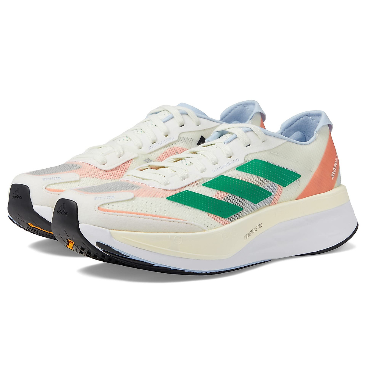 adidas Woman's Adizero Boston 11, White Tint/Court Green/Coral Fusion, 7 M