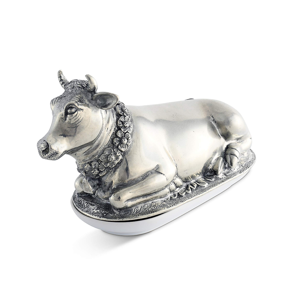 Vagabond House Pewter Metal Mabel the Cow Covered Butter Cream Cheese Dish Container Keeper Heirloom Quality with Stoneware Tray Base 8.5 inch Long