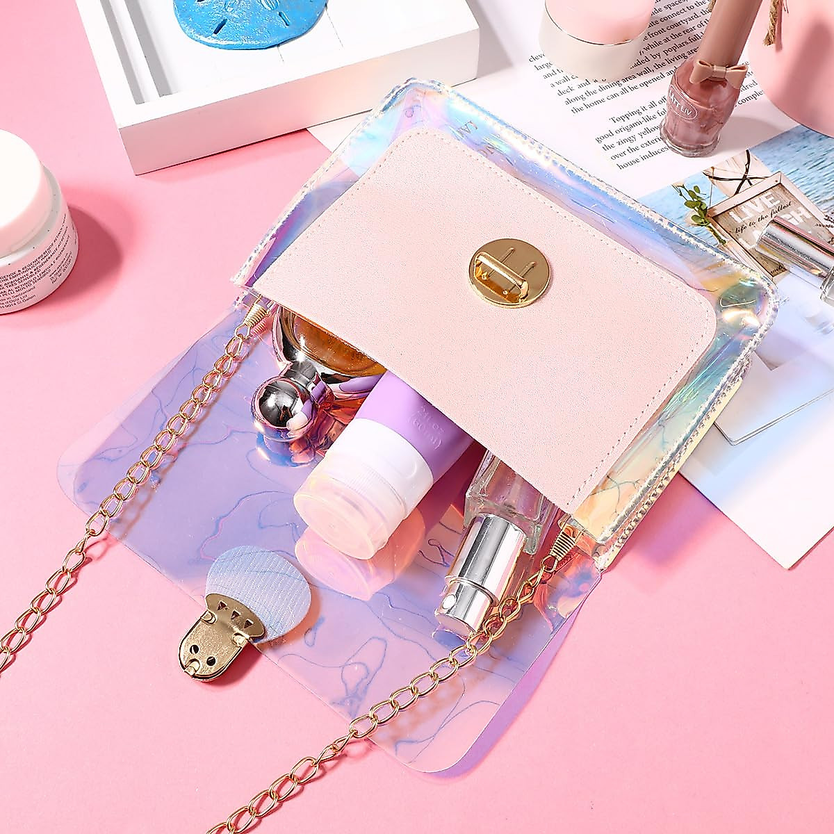 KESYOO Holographic Purse Iridescent Purse Transparent Shoulder Bag Clear Crossbody Bag Fashion Mini Handbag Cute Mini Bag Jelly Purses Chain Bags for Women Girls Ladies 1PC