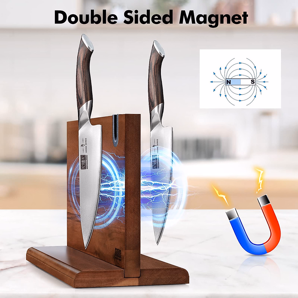 Fridge Applicable Magnetic Knife Holder for Wall, HOSHANHO 16 Inch Magnetic Knife Strip, Acacia Wood Knife Rack for Kitchen Knives & Tools (Dark Brown)