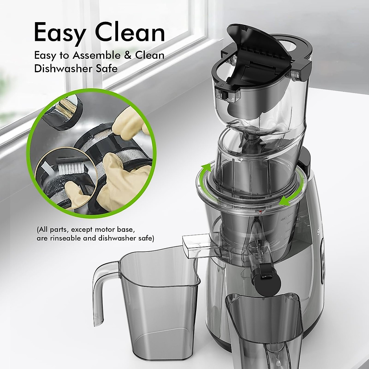 SiFENE Whole Fruit Cold Press Juicer Machine - Vertical Slow Masticating Juicer with Large 3.3in Feed Chute - Easy to Clean, Ideal for Whole Fruits & Vegetables, Gray