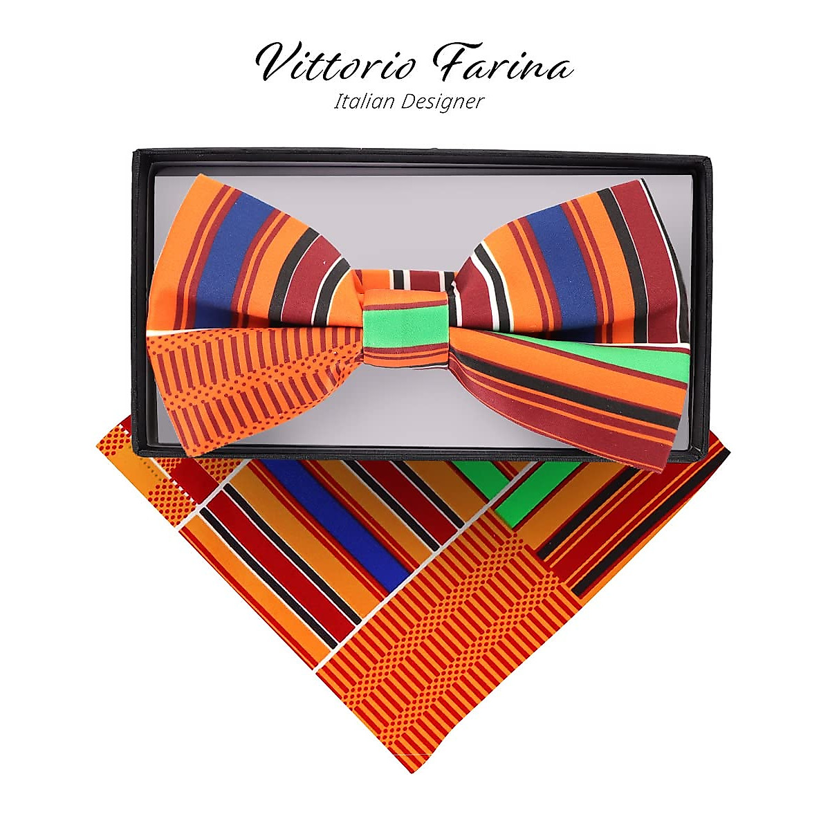 Vittorio Farina Premium African Kente Pre-Tied Bow Ties & Pocket Square Set for Men (Kente #1)