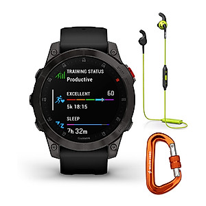 Garmin Epix Gen 2 Smartwatch (Sapphire Black Titanium) Bundle with Wireless Headphones (Black/Lime Green) and Below Zero 12KN Heavy Duty Carabiner (3 Items)
