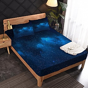 Galaxy Sheets Full Size Sheet Sets - Navy Blue Starry Sky Bed Sheets, Soft Microfiber & Deep Pocket & Wrinkle Free Patterned Bedding Sheets & Pillowcases, 1 Fitted Sheet, 1 Flat Sheet, 2 Pillow Cases